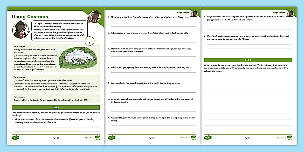 Using Commas Activity Sheets | KS2 Punctuation and Grammar