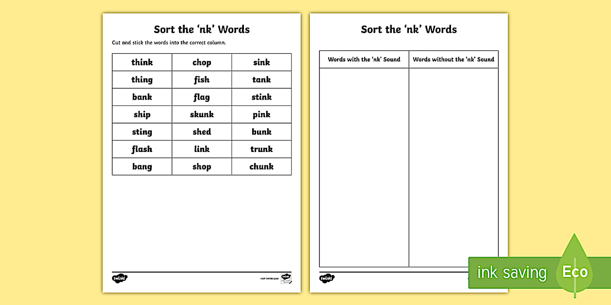 Cut and Stick 'nk' Word Sorting Worksheet / Worksheet