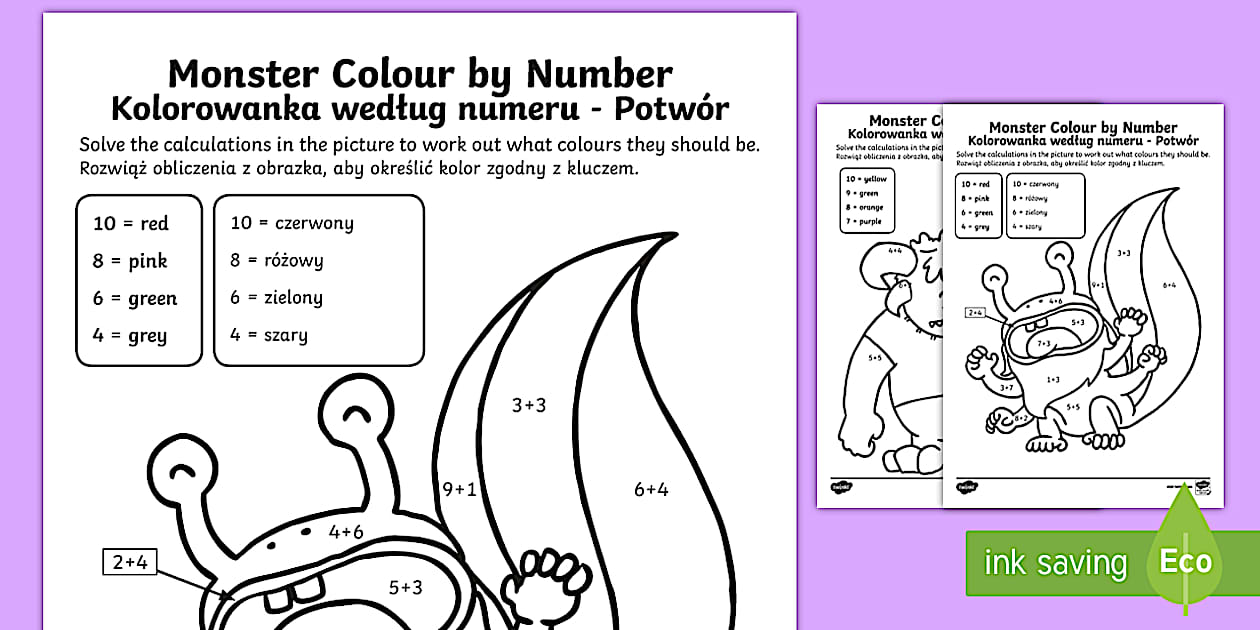 Monsters Color by Number Addition up to 10 Worksheets English/Polish