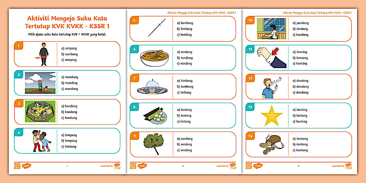 Aktiviti Mengeja Suku Kata Tertutup KVK KVKK - KSSR 1