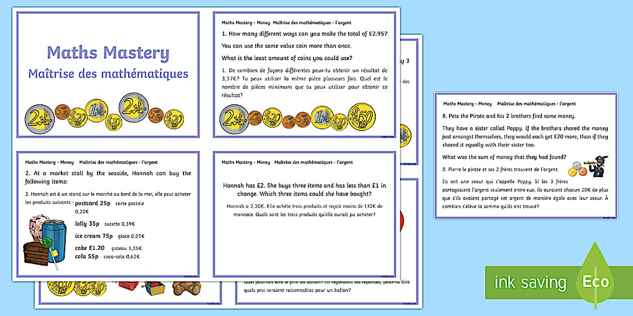 Money Maths Mastery Challenge Cards - English/French