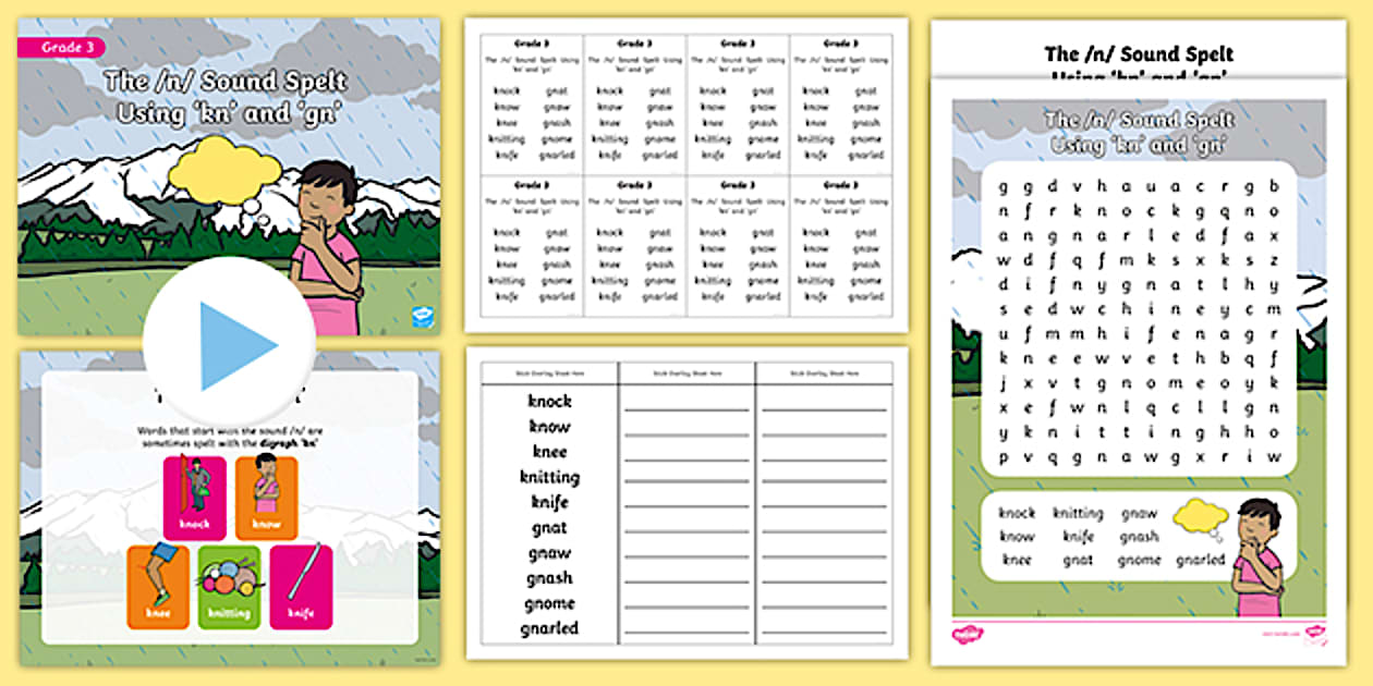 Grade 3 Phonics words with kn- and gn- Spelling Pack