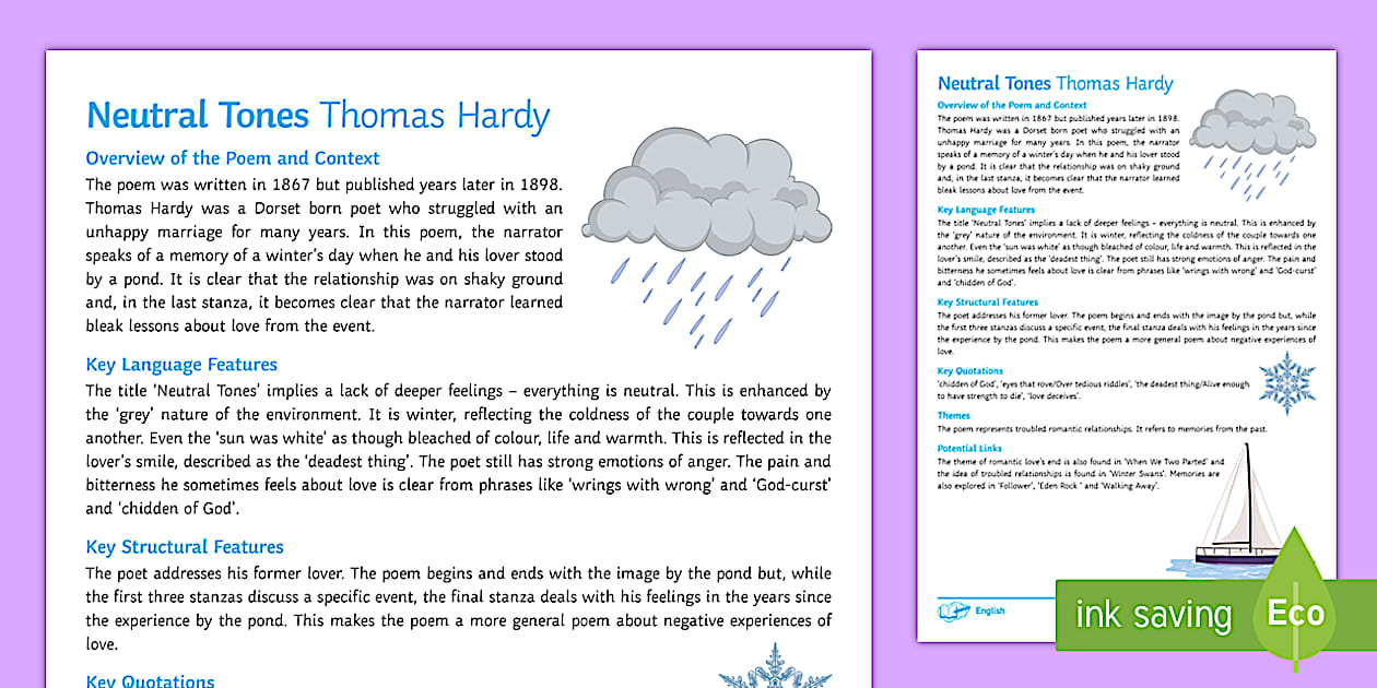 AQA Poetry: Neutral Tones - One Page Revision Summary