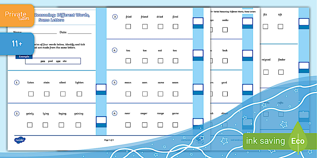 11+ Verbal Reasoning: DIfferent Words, Same Letters - Twinkl