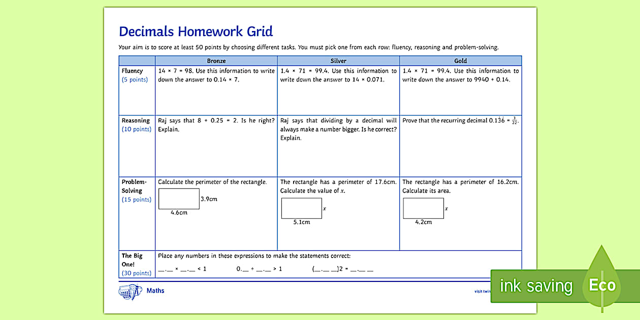 Homework Grid: Decimals Questions | KS3 Maths | Beyond