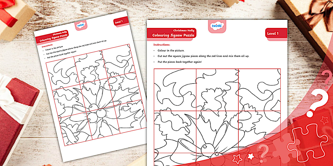 Christmas Holly Colouring Jigsaw Puzzle - L1 (teacher made)