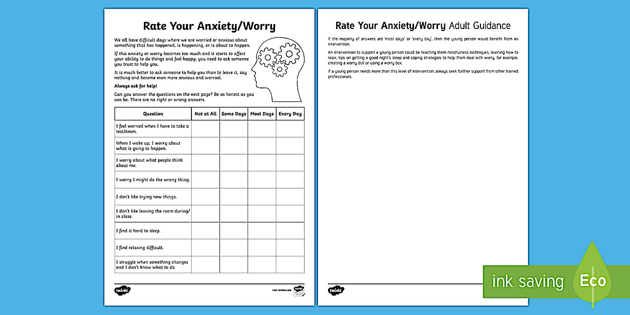 Rate Your Anxiety/Worry Worksheet / Worksheet - Twinkl