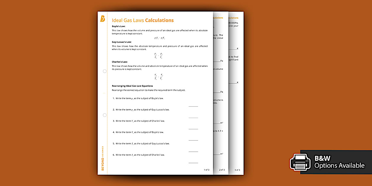 Ideal Gas Laws Calculations Worksheet - Twinkl