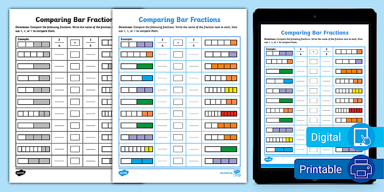 Third Grade Comparing Bar Fractions Activity Sheet - Twinkl