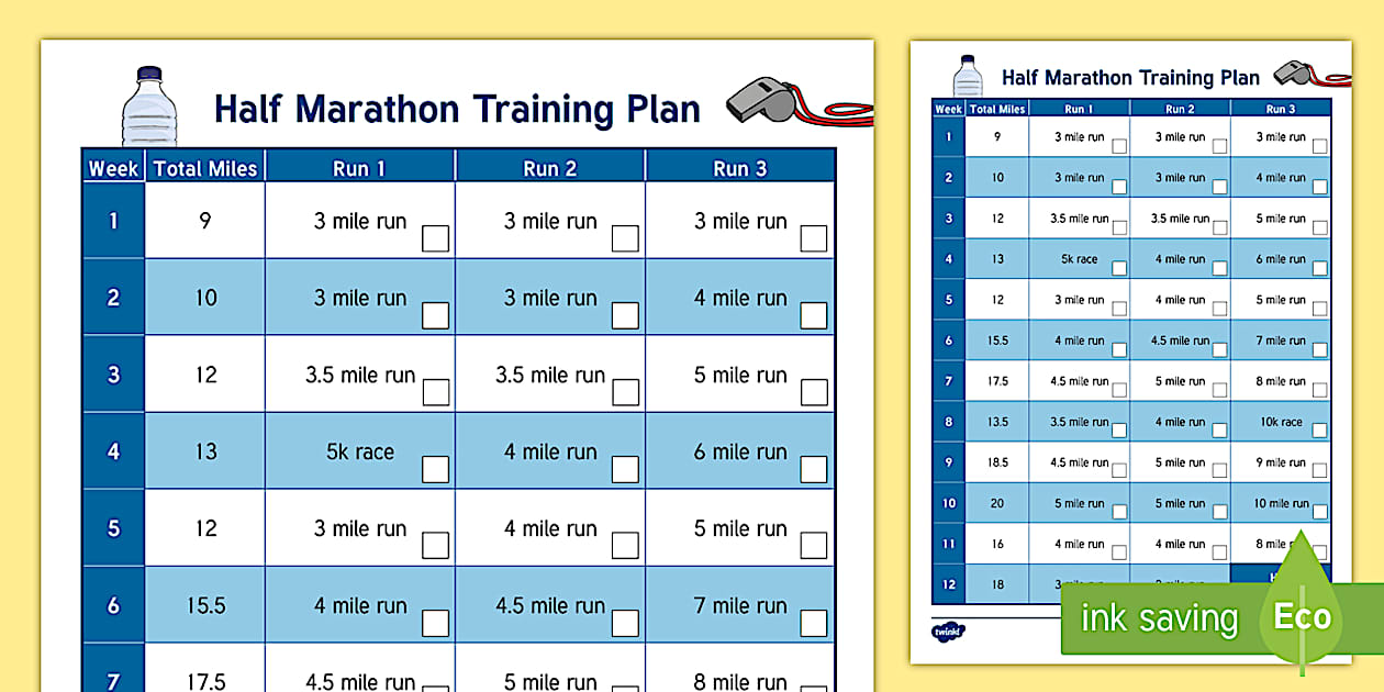 Novice Half Marathon Training Plan Display Calendar - Well Being