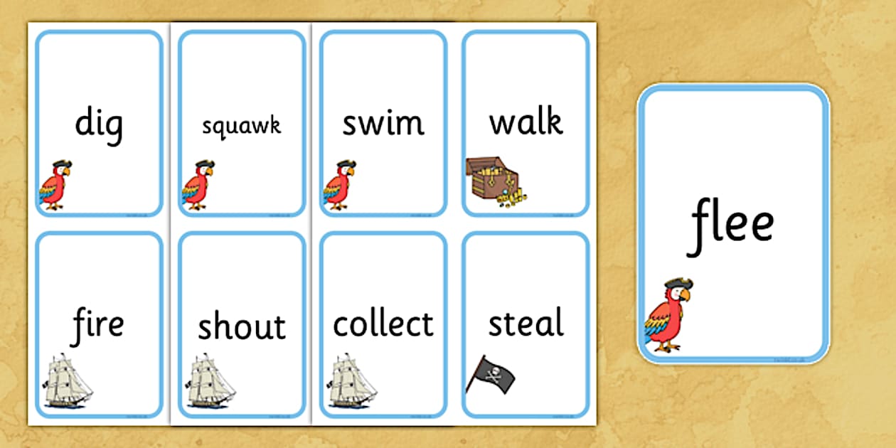 Cursive Pirates Themed Verb Action Cards - Twinkl