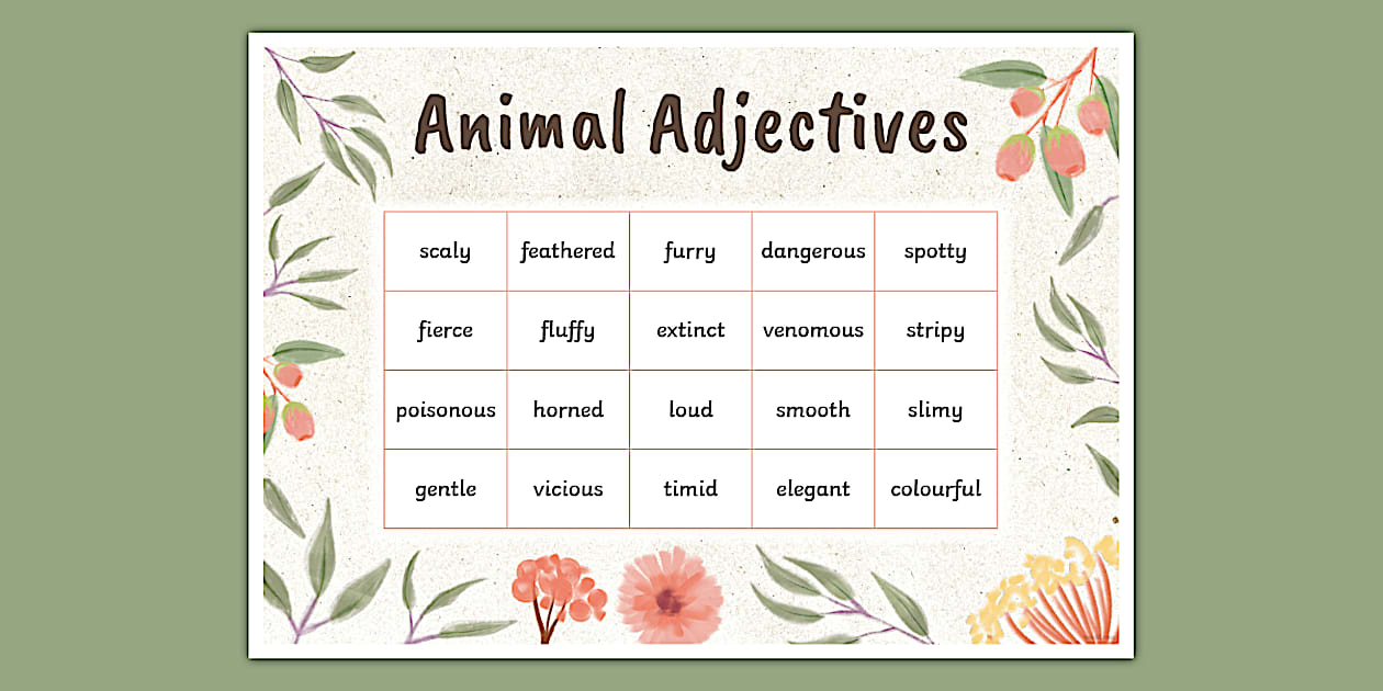 Home Among the Gum Trees Themed Animal Adjectives Display Poster