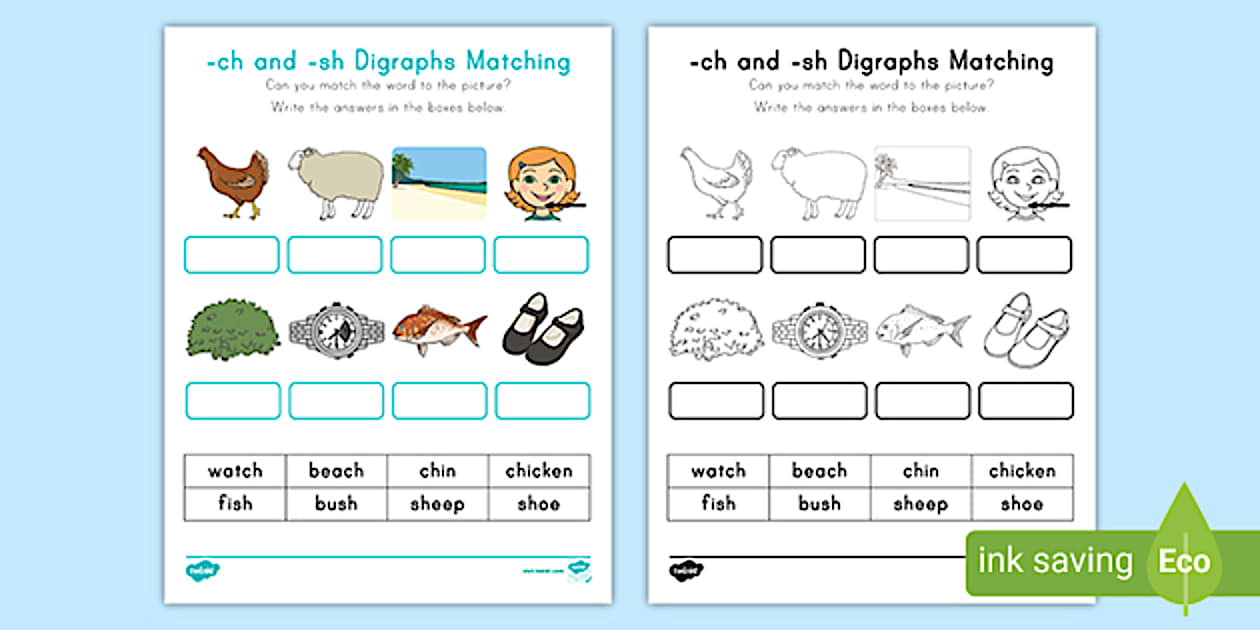 -ch and -sh Digraphs Matching Worksheet - Twinkl