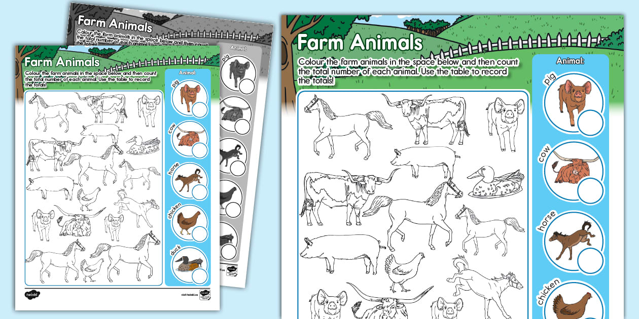Farm Animals Colour and Count Worksheet (teacher made)
