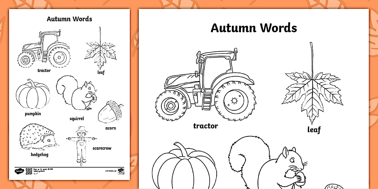 Autumn Themed Words Colouring Worksheet - Twinkl
