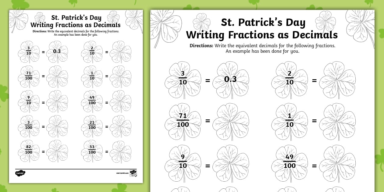 St. Patrick's Day Writing Fractions as Decimals Activity