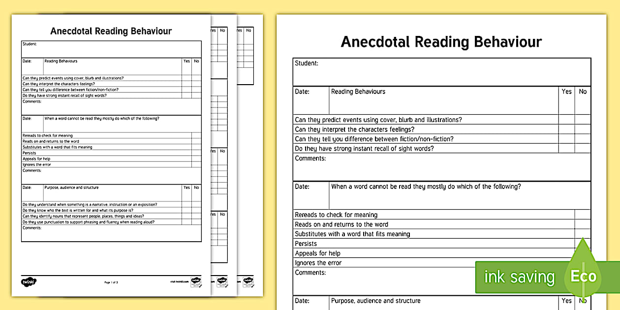 Years 1-2 Anecdotal Early Reading Behaviours Checklist