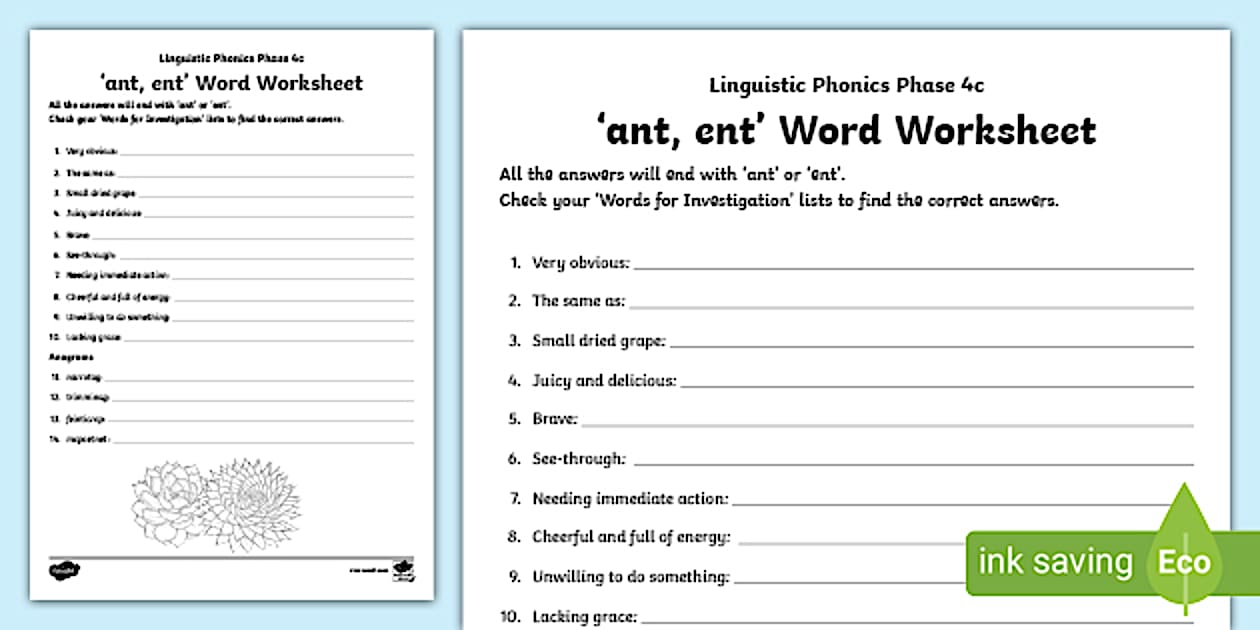 Linguistic Phonics Phase 4c 'ant, ent' Word Worksheet