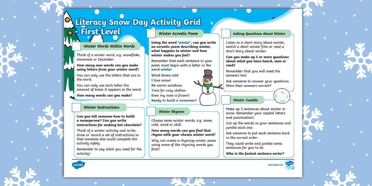 Literacy Snow Day Activity Grid - First Level (teacher made)