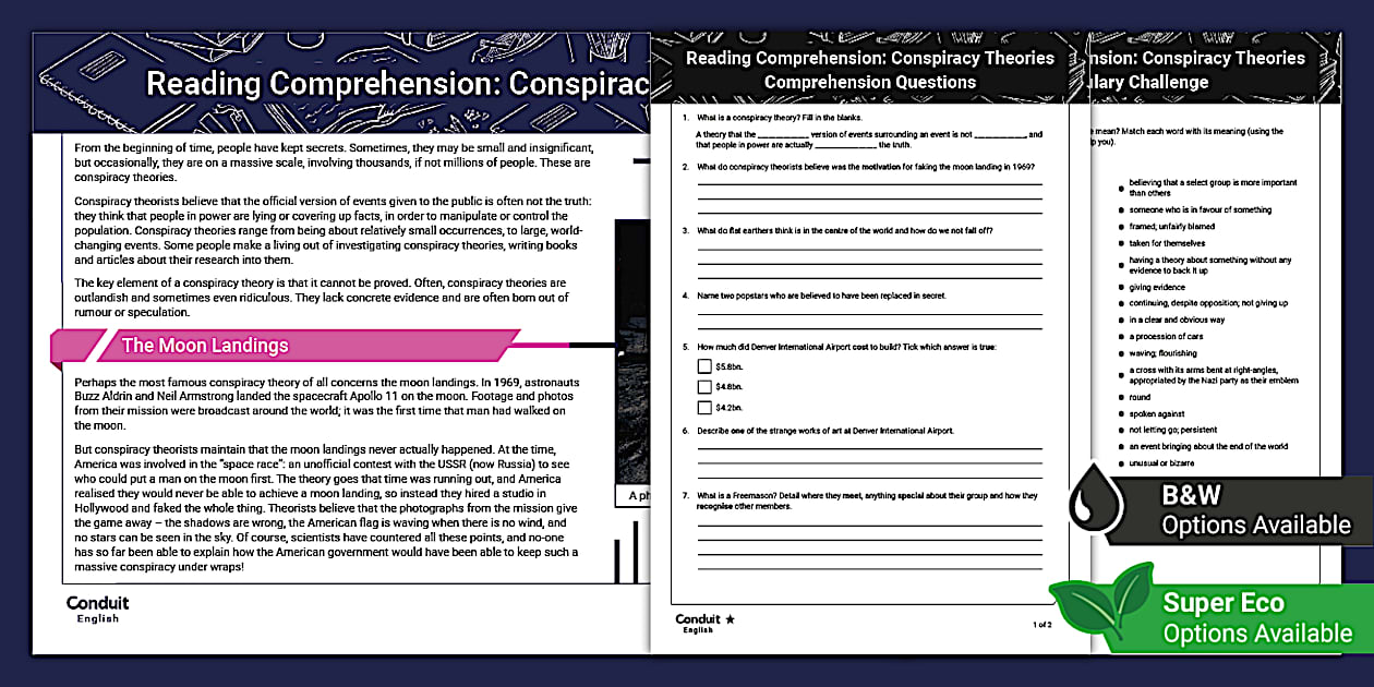 BGE Reading Comprehension: Conspiracy Theories - Twinkl
