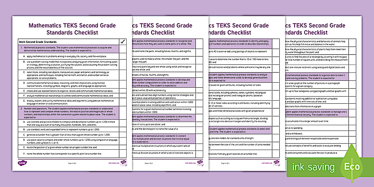 Mathematics TEKS Second Grade Standards Checklist - Twinkl