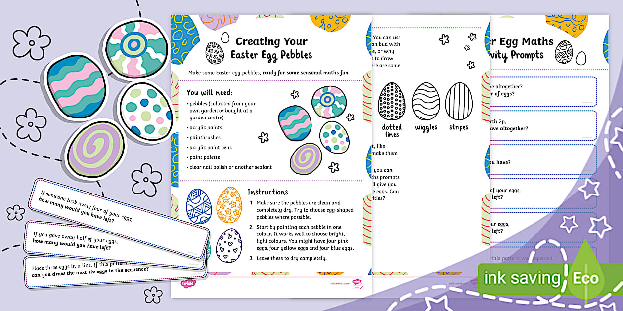 Easter Egg Pebbles with Maths Activity Prompts (Ages 5 - 7)