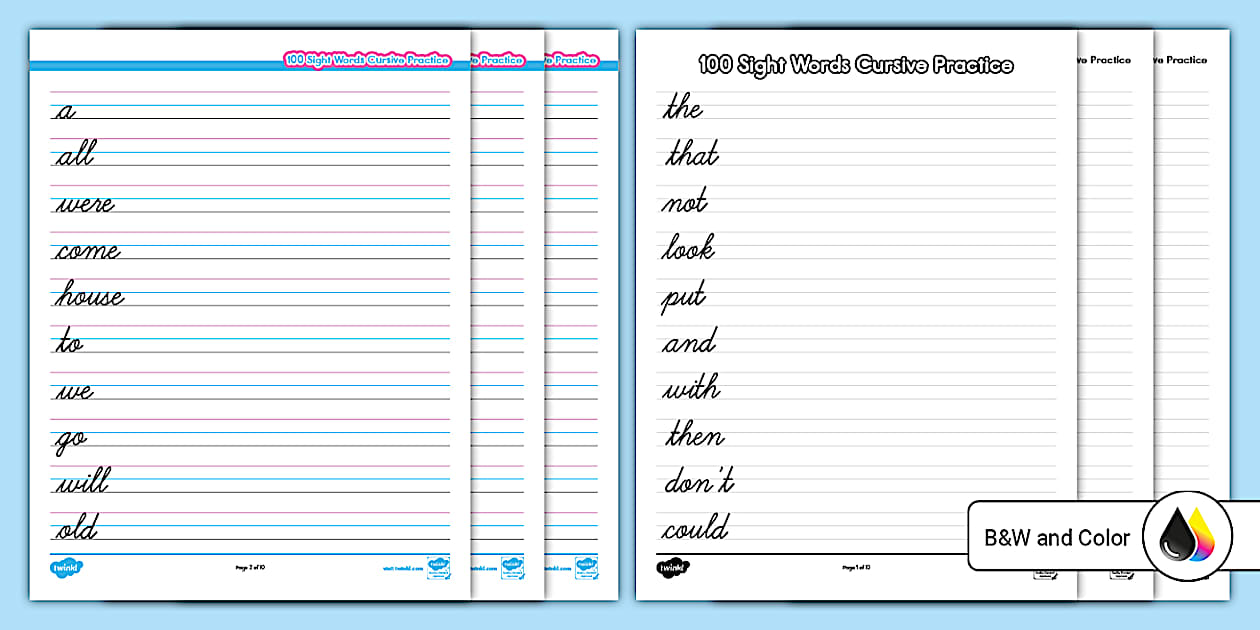 100 Sight Words Cursive Practice Worksheet - Twinkl