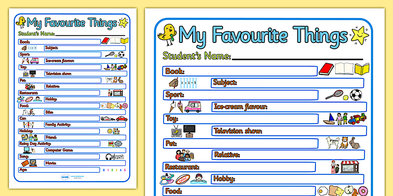 My Favourite Things Writing Frame (teacher made) - Twinkl