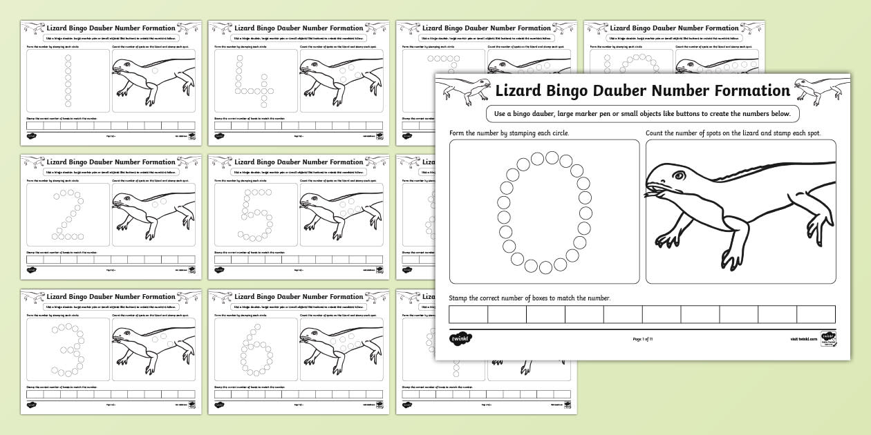 Lizard Bingo Dauber Number Formation Worksheets - Twinkl
