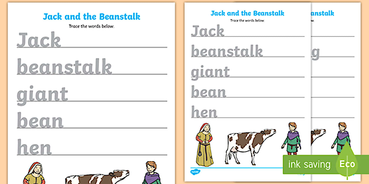 Black and White Jack and the Beanstalk Trace the Words Worksheet