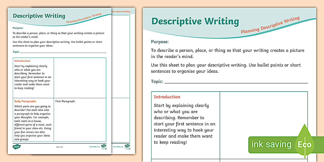 Level 2 Descriptive Writing - Planning Sheet (teacher made)