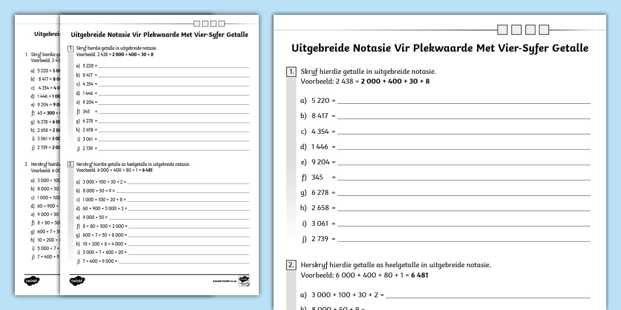 Uitgebreide notasie vir Plekwaarde met vier-syfer getalle