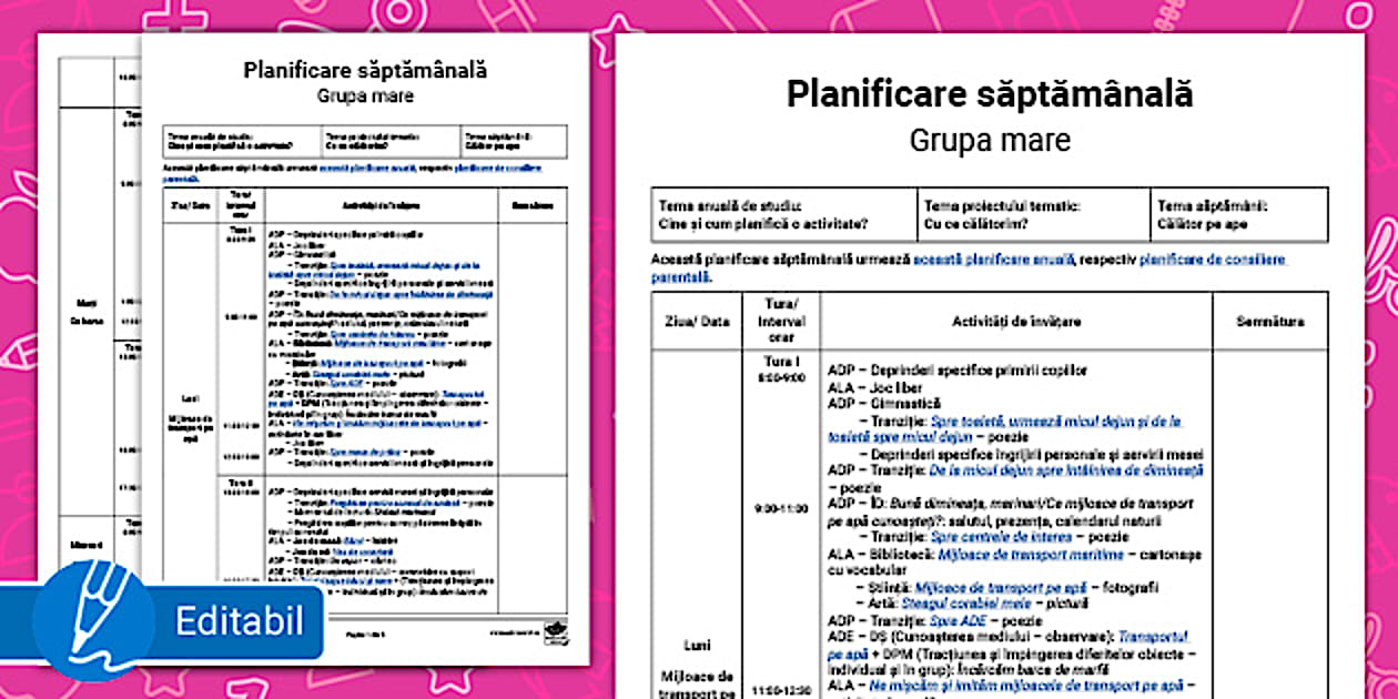 Călător pe ape – Model de planificare săptămânală grupa mare