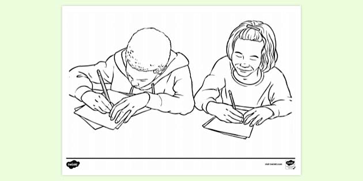 Children at a Table Doing Homework Colouring Sheet | Twinkl