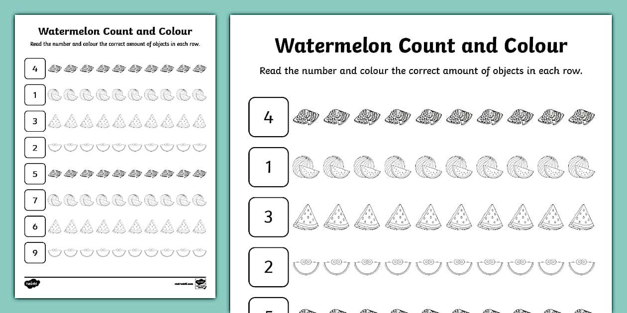 👉 Watermelon Count and Colour Worksheet - Twinkl