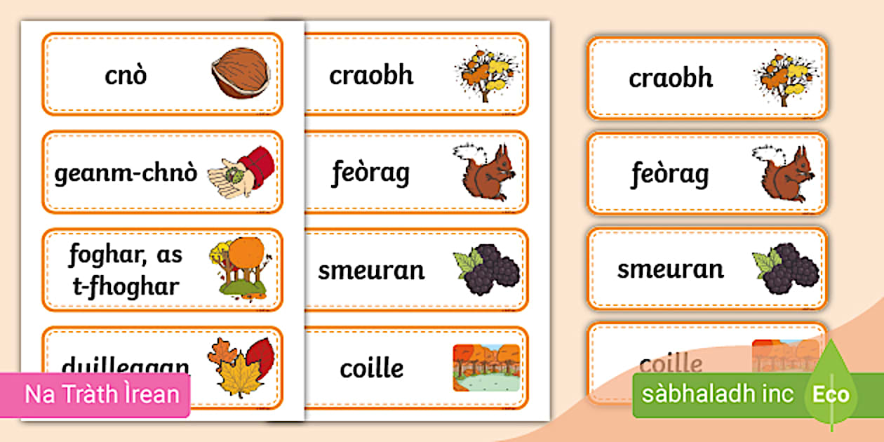 Cairtean-facail air An Fhoghar – Briathrachas – na Ràithean