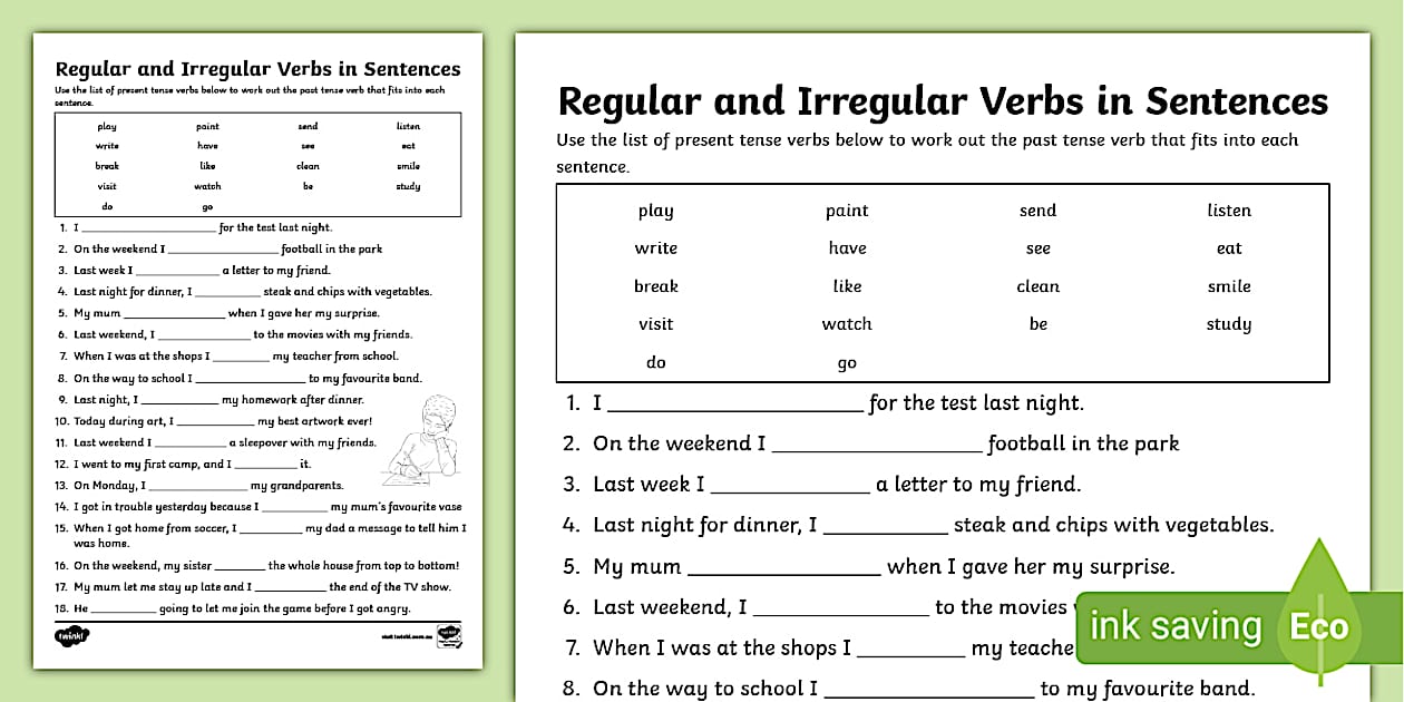 Regular and Irregular Verbs Worksheets for Year 3 PDF