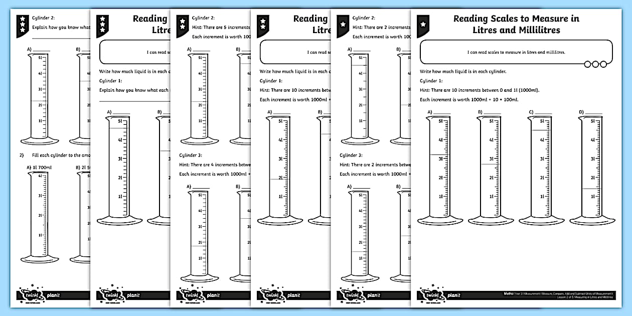 Reading a Graduated Cylinder Worksheet (teacher made)