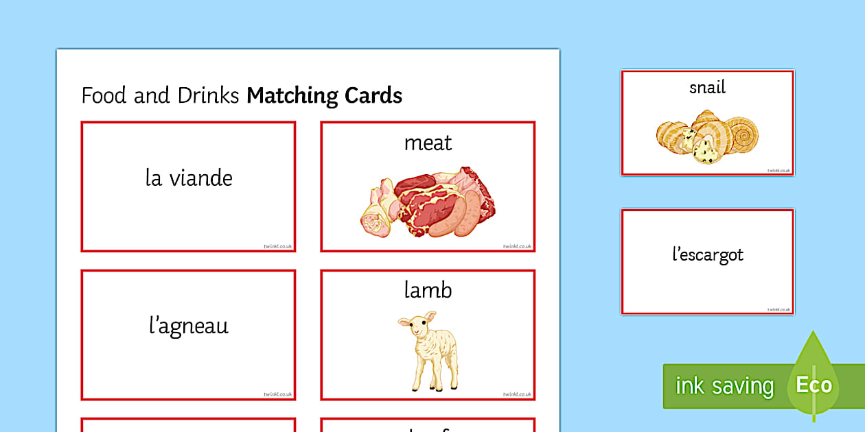 Food and Drinks Matching Cards French (teacher made)