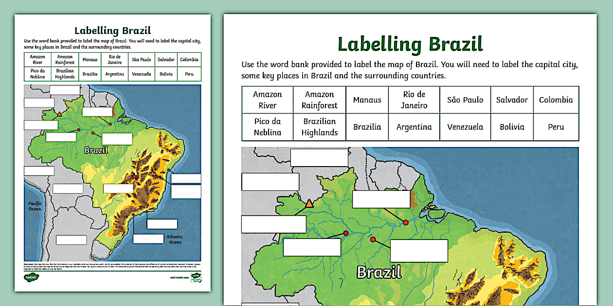 Brazil Map Labelling Activity - Twinkl - KS2