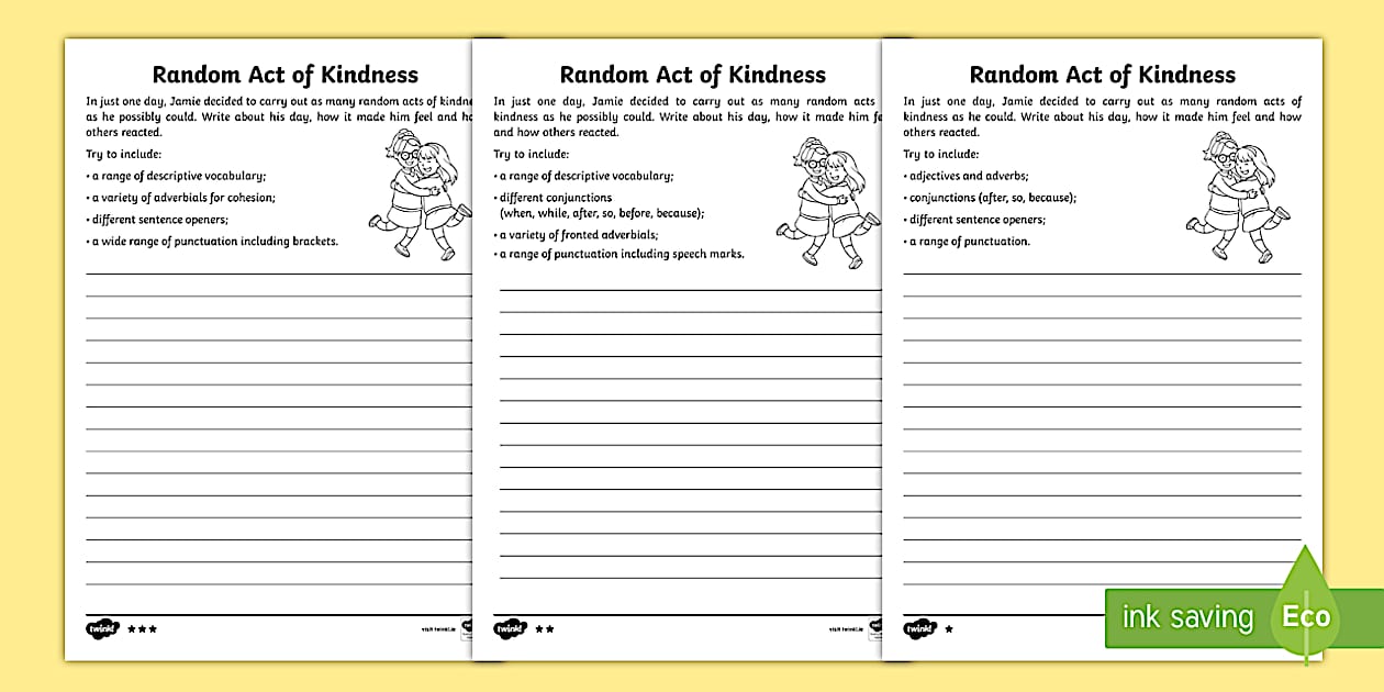 Editable Random Acts of Kindness Story Writing 3rd-6th Differentiated