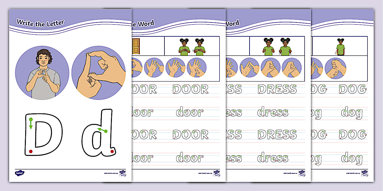 Words Starting with D Handwriting Worksheets with Auslan