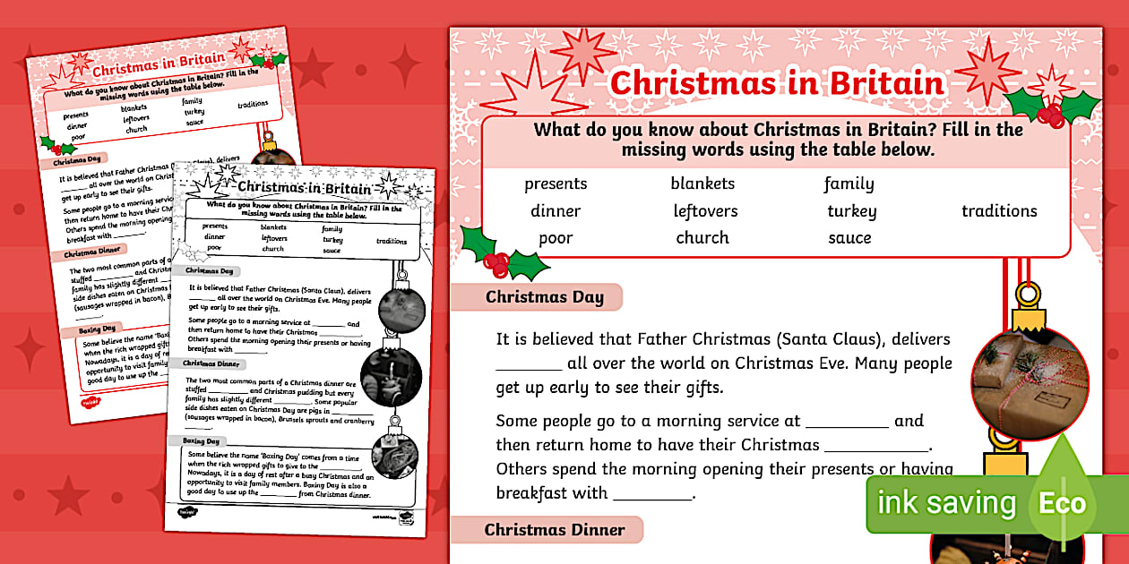 Christmas in Britain Cloze Worksheet (teacher made) - Twinkl