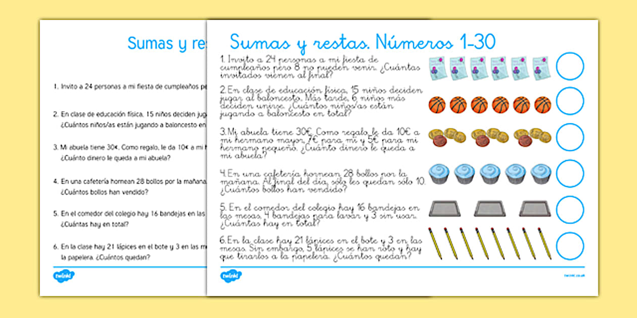 Problemas con sumas y restas 1-30 - Twinkl