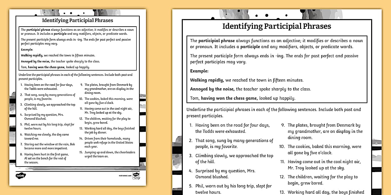 Identifying Participial Phrases Worksheet for 6th-8th Grade