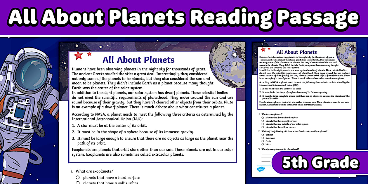 Fifth Grade All About Planets Reading Passage Comprehension