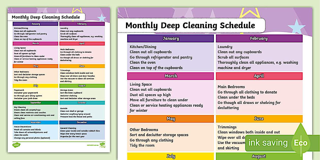 Monthly Deep Cleaning Schedule | OOSH and Home Care - Twinkl