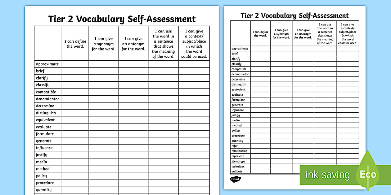 Tier 2 Vocabulary Self-Assessment Checklist (teacher made)