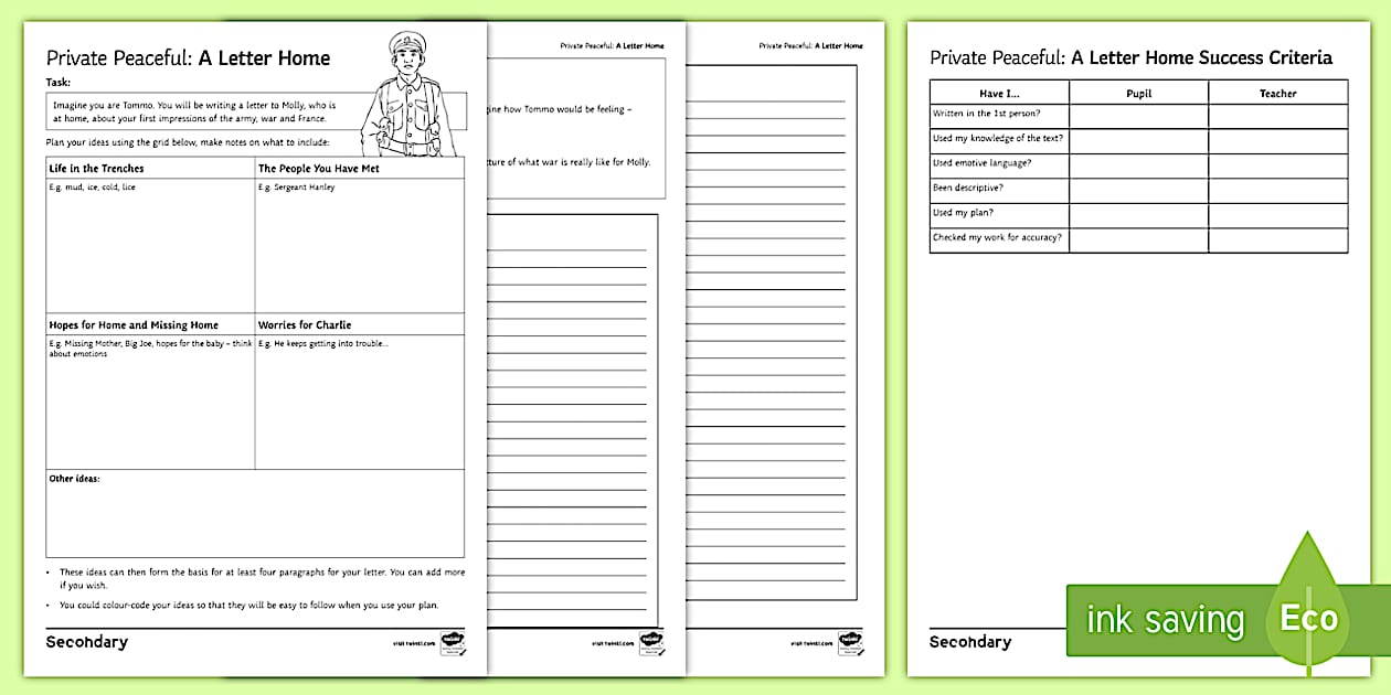 Editable Private Peaceful A Letter Home Worksheet - Twinkl