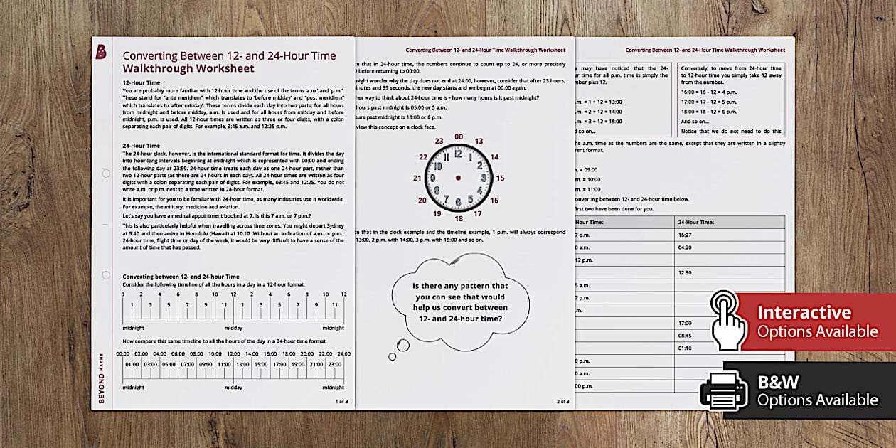 Converting between 12- and 24-hour Time Walkthrough Worksheet Converting between 12- and 24-hour Time Walkthrough Worksheet